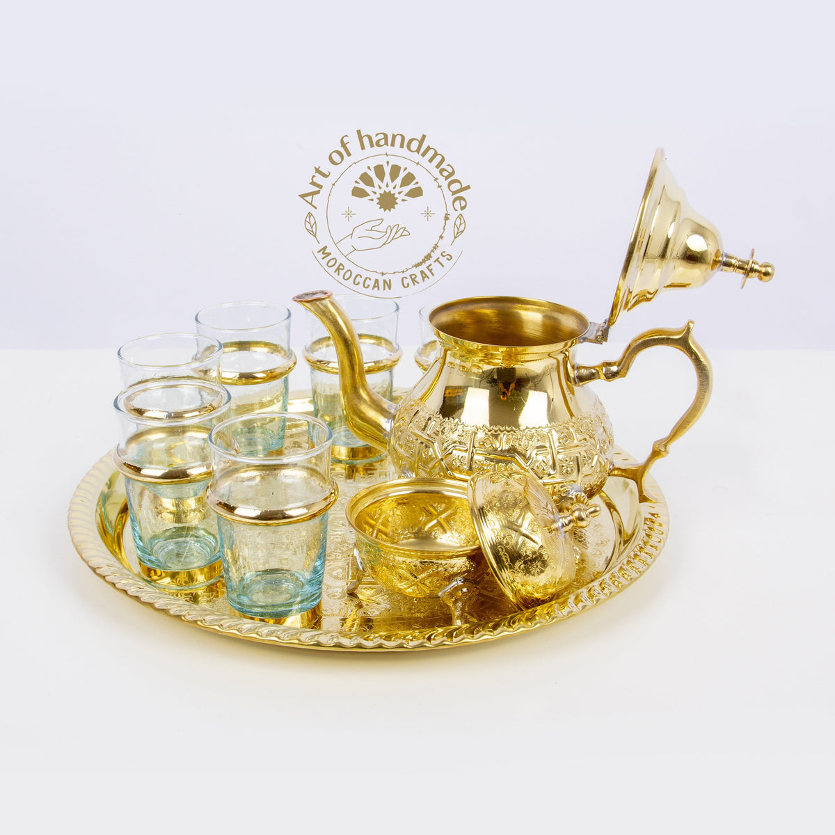 6 vintage Moroccan Tea Glasses, Authentic Teapot , Tray, handcrafted s ...